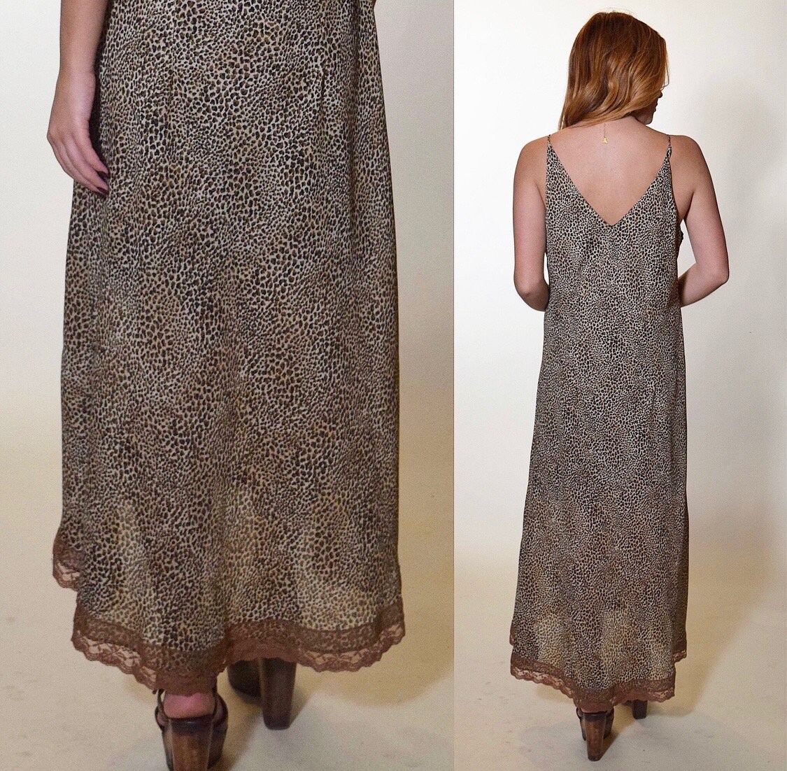 Vintage Leopard Print High Low Spaghetti Strap Maxi Dress Womens Size