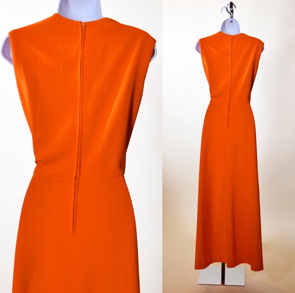 1960s Authentic Vintage Orange Sleeveless Polyester Maxi Dress Womens
