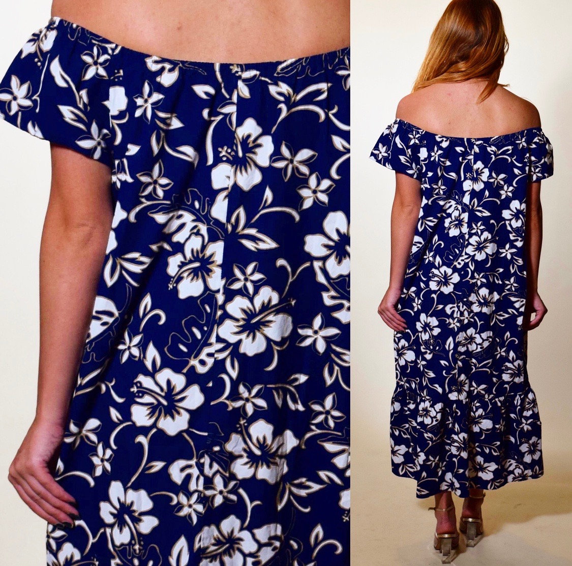 Vintage Hilo Hattie Blue White Hawaiian Print Off The Shoulder Kaftan