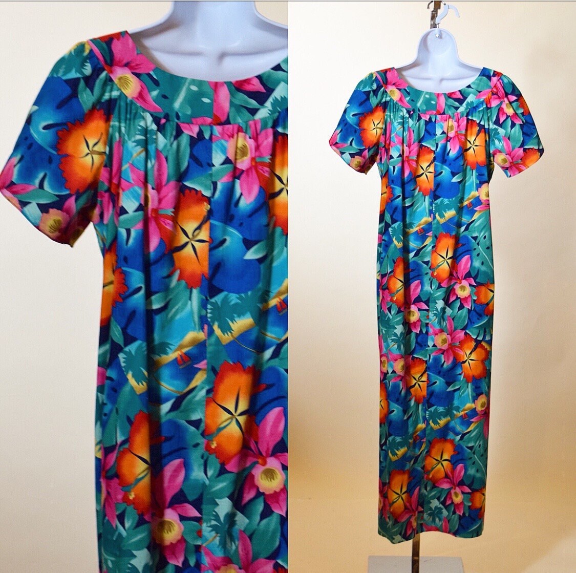 1970s Authentic Vintage Psychedelic Hilo Hattie Hawaiian Print Mumu