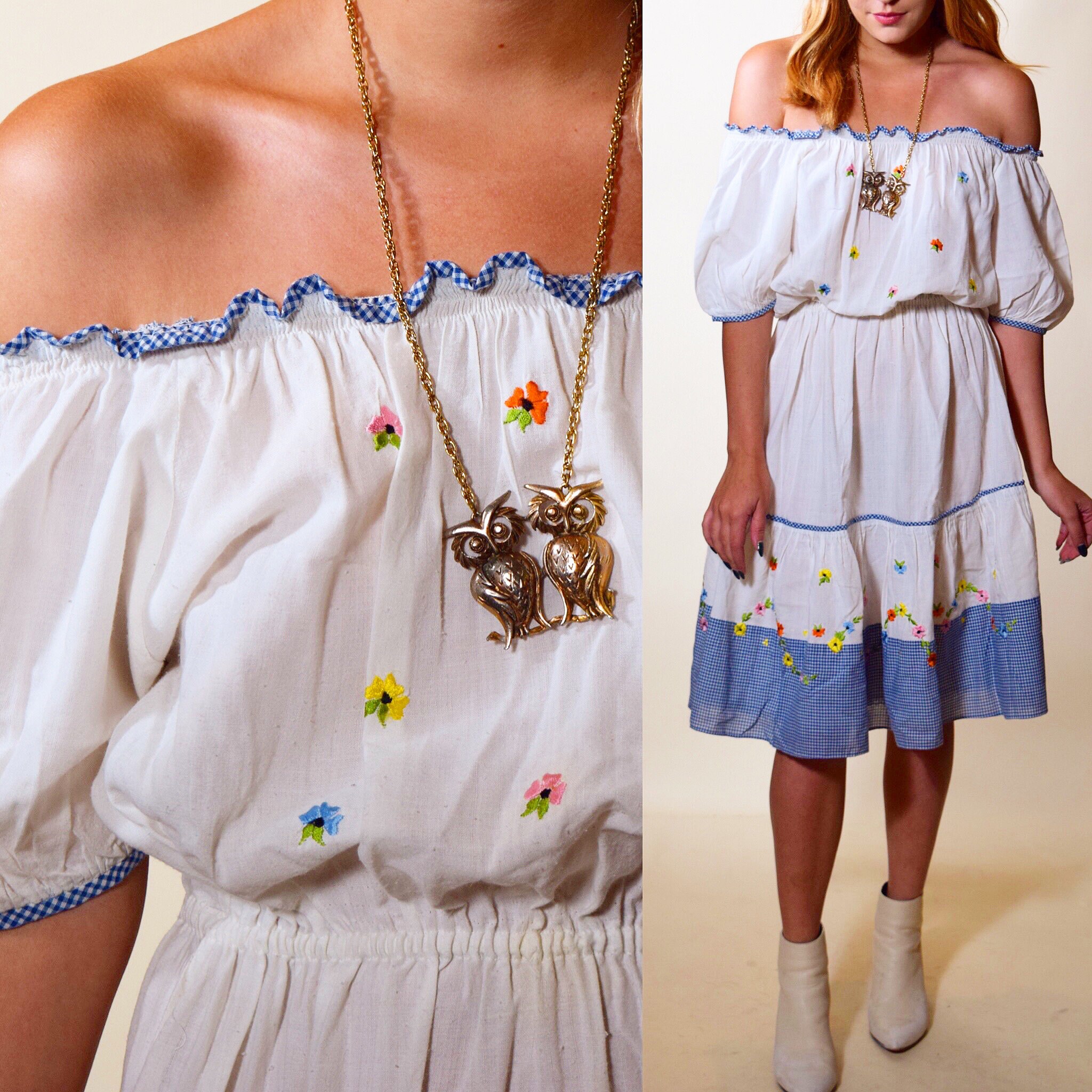 1970s Authentic Vintage Floral Embroidered Gingham Off The Shoulder