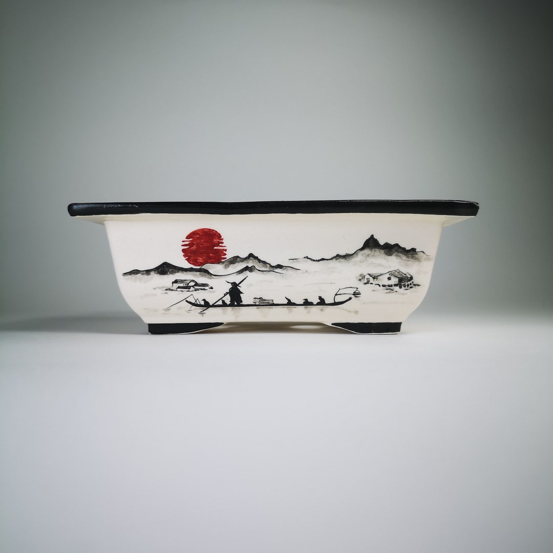 6"hand-painted Bonsai Pot With Japanese View // Ceramic Planter for ...
