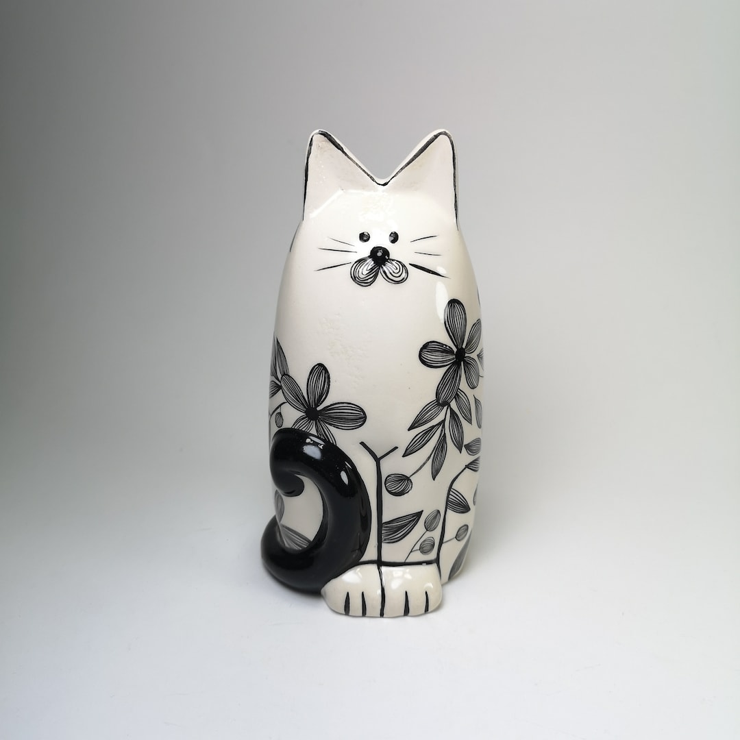 Ceramic Cat With Flowers// Ceramic Cat // Cat Figure // Cat Ornament ...