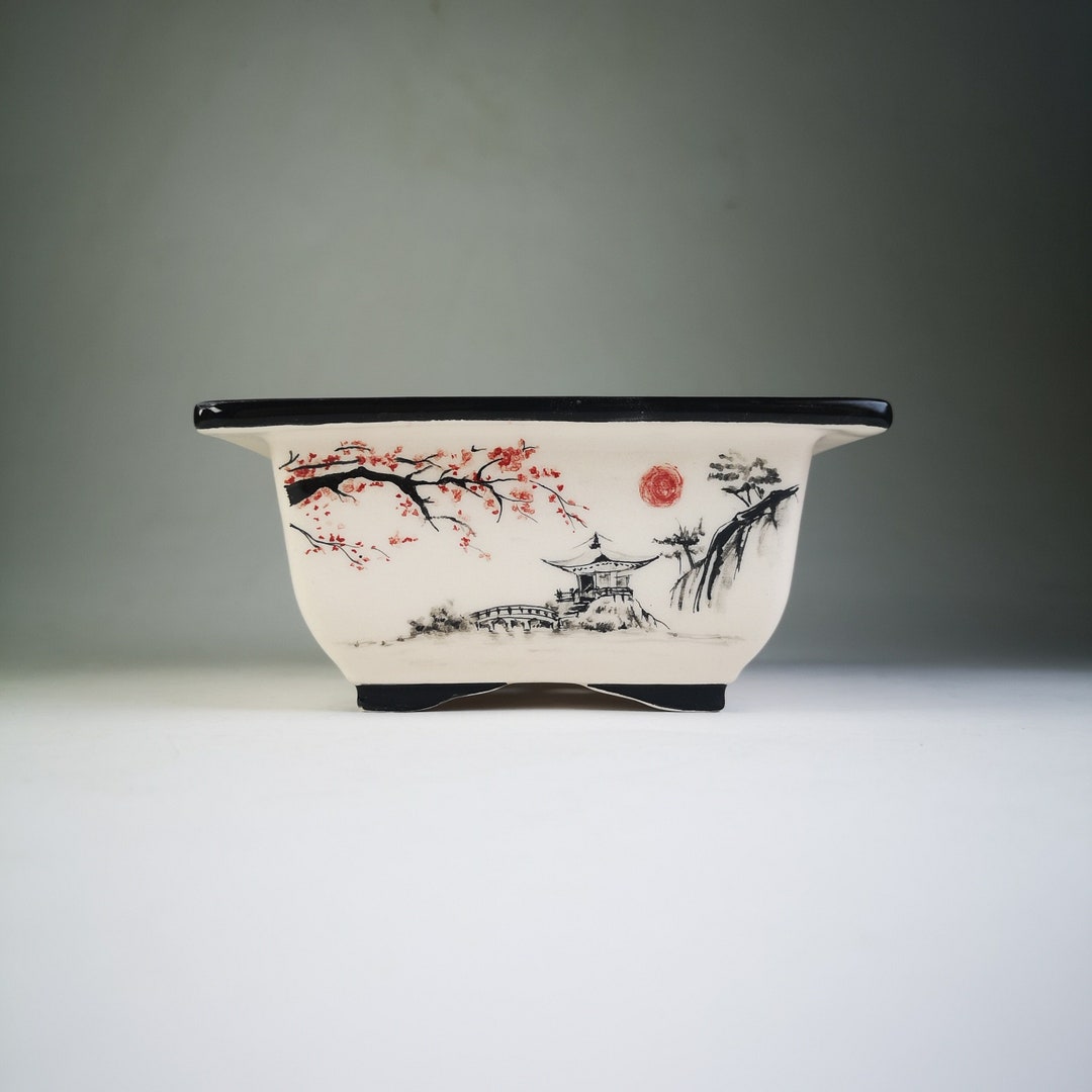 Hand-painted Bonsai Pot With Japanese View // Ceramic Planter for ...