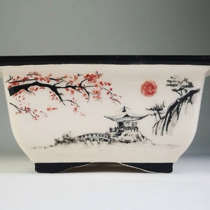 Hand-painted Bonsai Pot With Japanese View // Ceramic Planter for ...