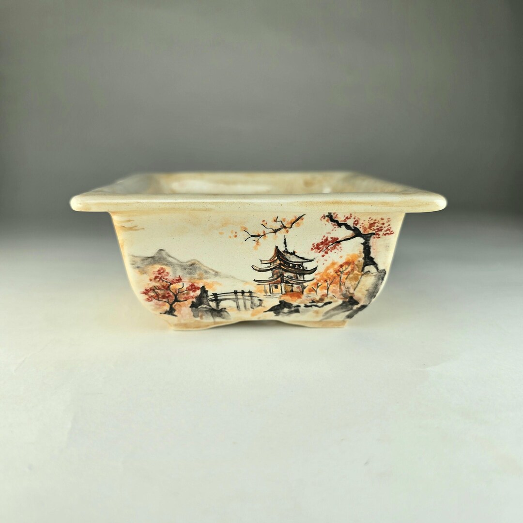 Hand-painted Bonsai Pot With Japanese View//ceramic Planter for Bonsai ...