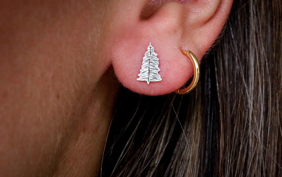 Tiny Pine Tree Stud Earrings, Solid Sterling Silver Tree Earrings, Silver Stud Earrings, Pine ...