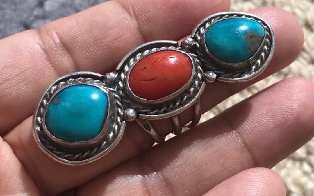 Vintage Sterling Silver Native American Style Oversized Turquoise and ...