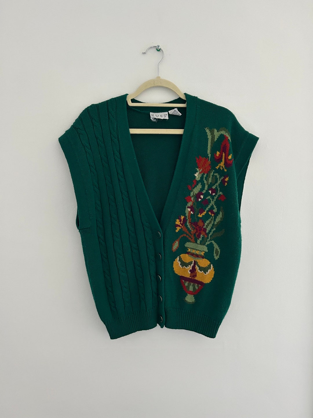 80s Deep V Cardigan Sweater Vest / Granny Cornucopia Floral Button up ...
