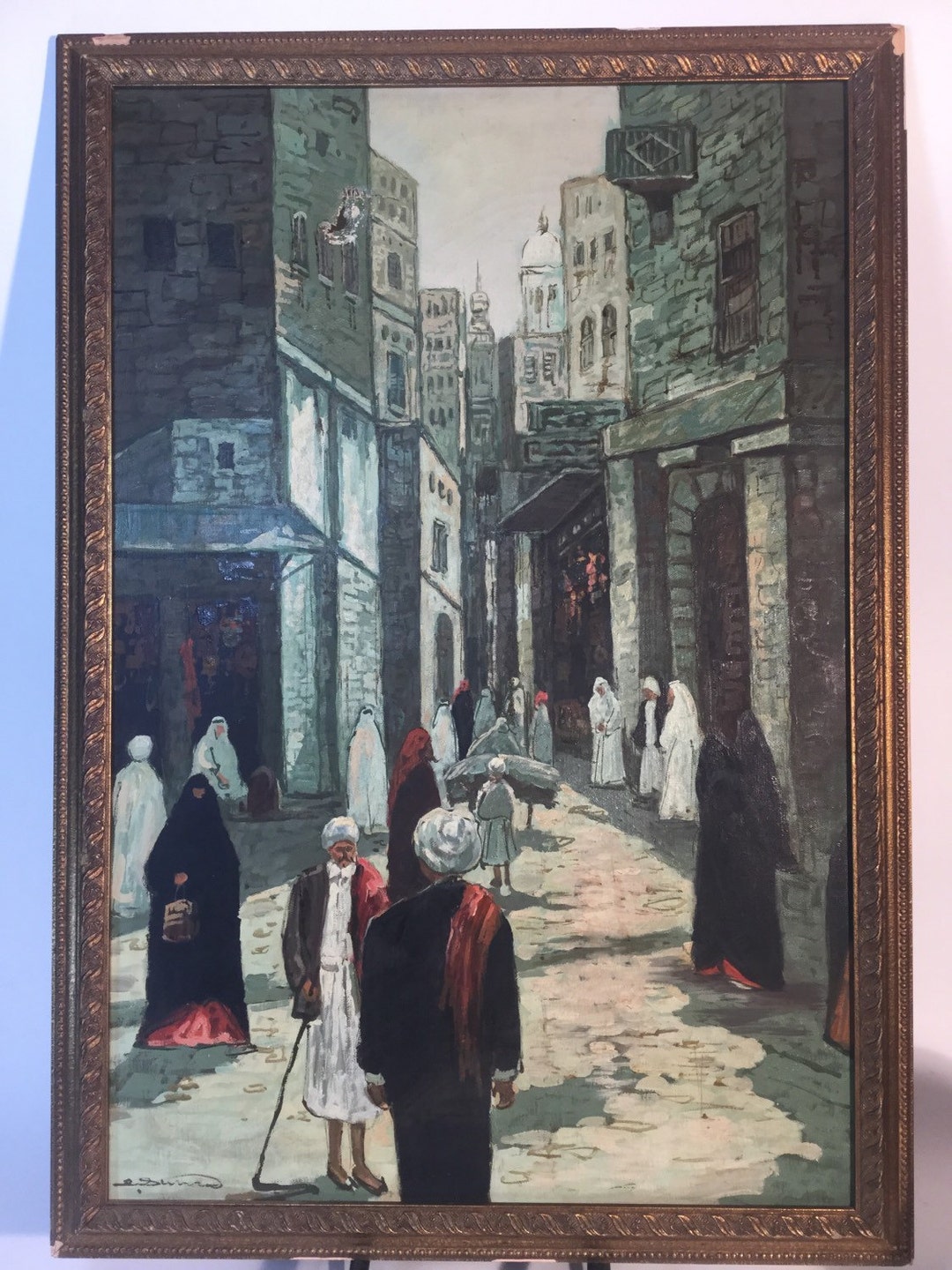 Vintage Middle Eastern Painting Plaza Setting, Gold Frame 29in. X 39in ...