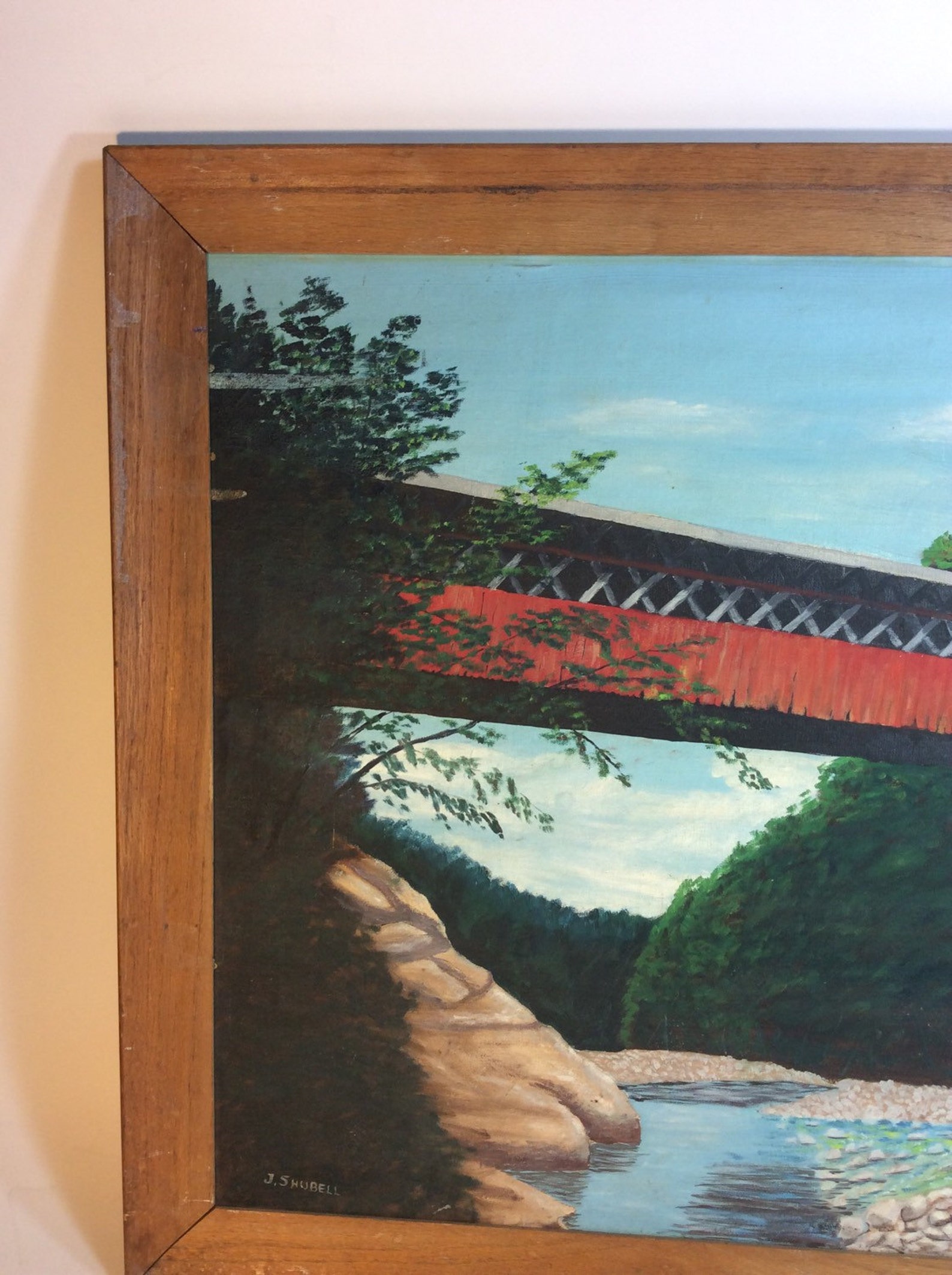 Vintage Original J. Shubell Oil Landscape Red Bridge Painting - Etsy