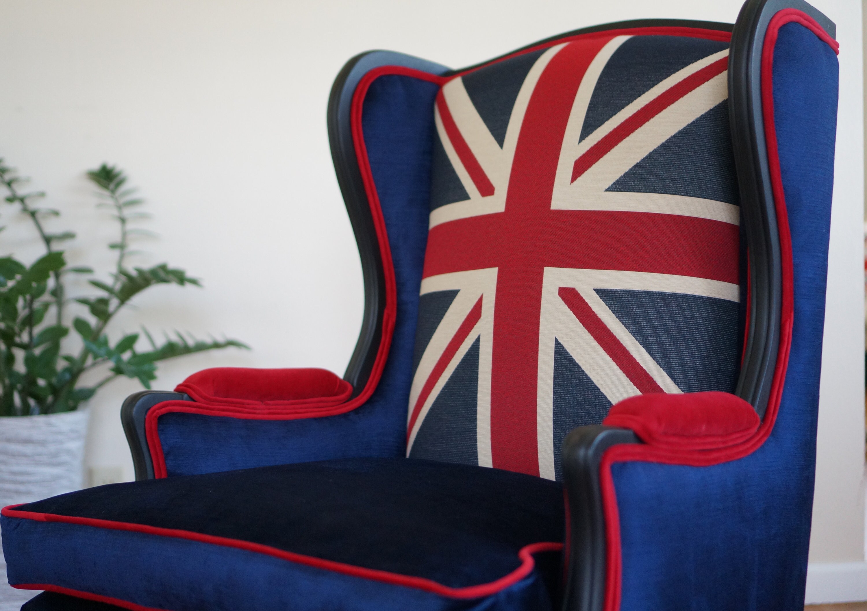 Union Jack/british Flag Wingback Chair With Navy and Red Velvet Custom ...