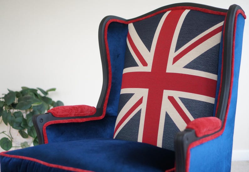 Union Jack/british Flag Wingback Chair With Navy and Red Velvet ...