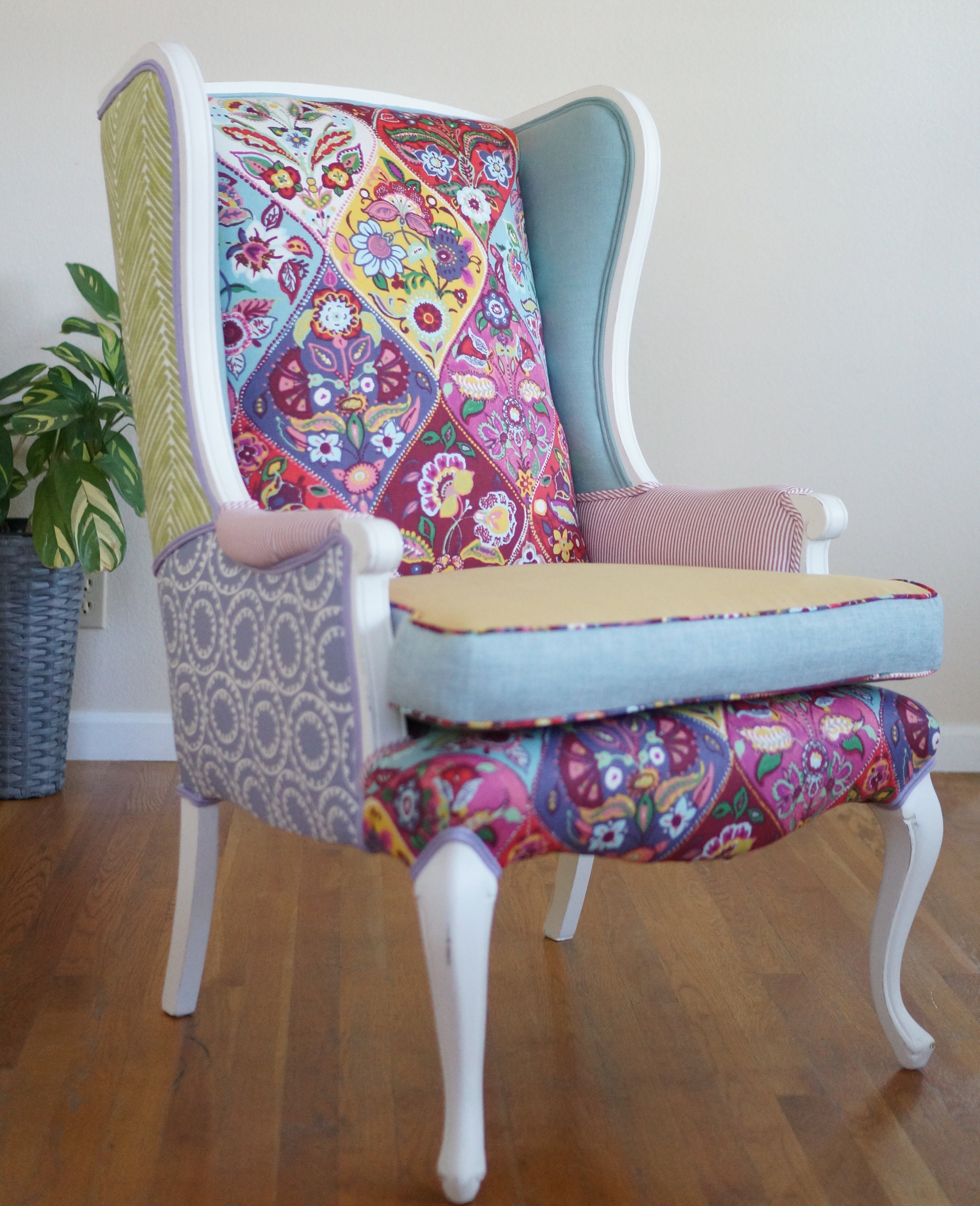 Whimsical Floral Patchwork French Wingback Style Chair Mix Patterns ...