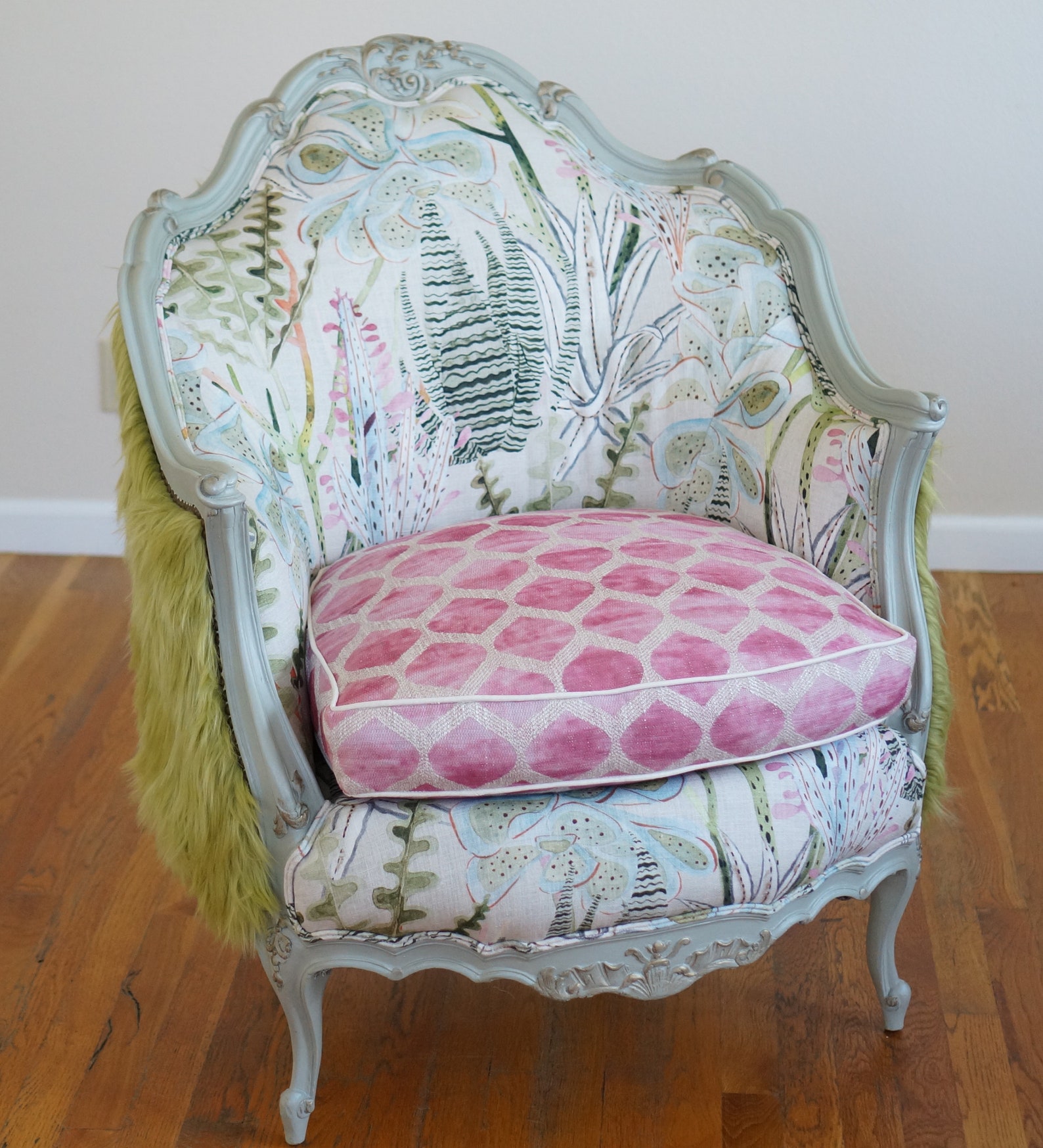 Vintage Green Rococo French Bergere Cactus Jungle Chair With Rose ...