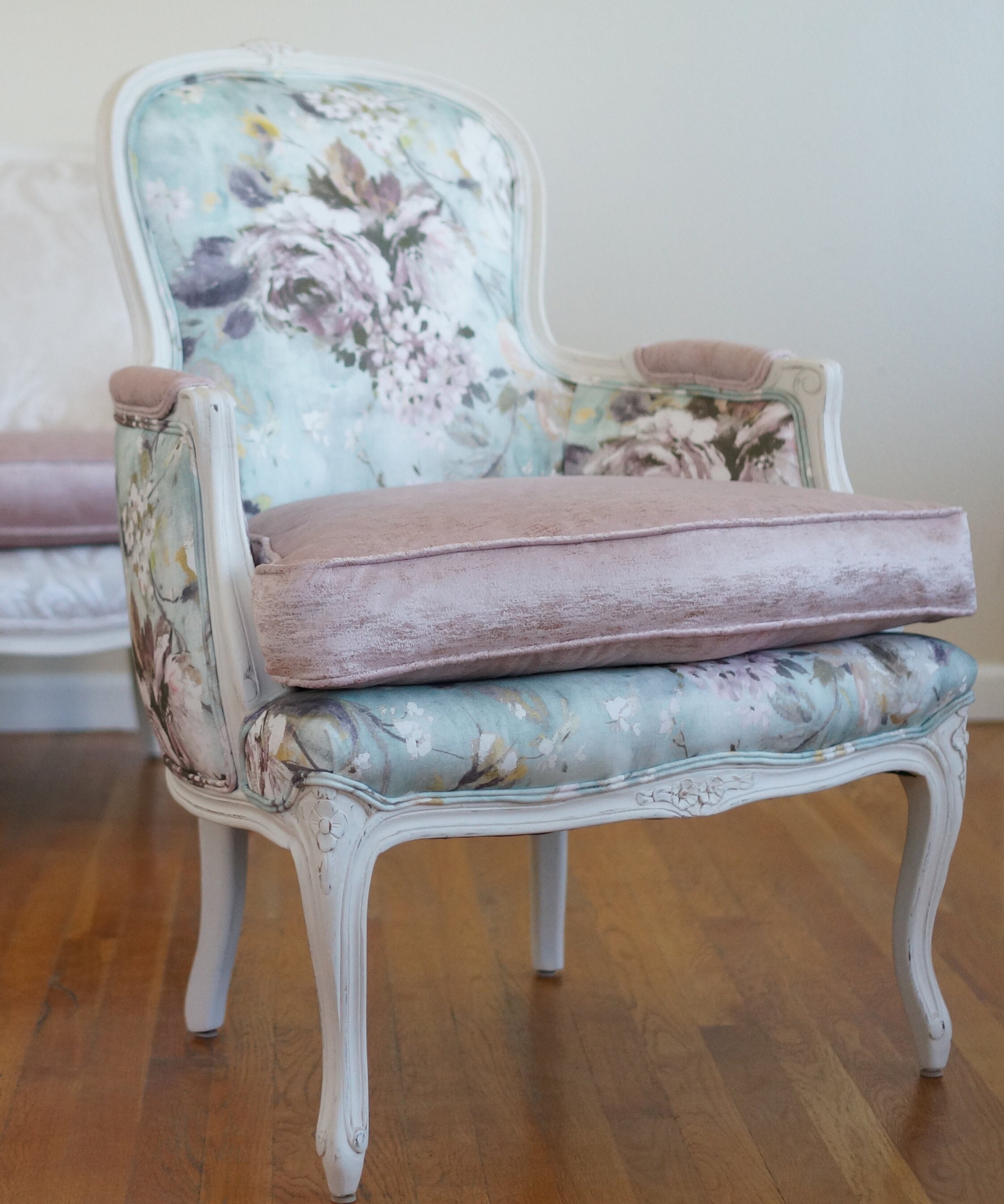 Soft Floral French Bergere Chair With Blush Pink Embossed Velvet Seat ...