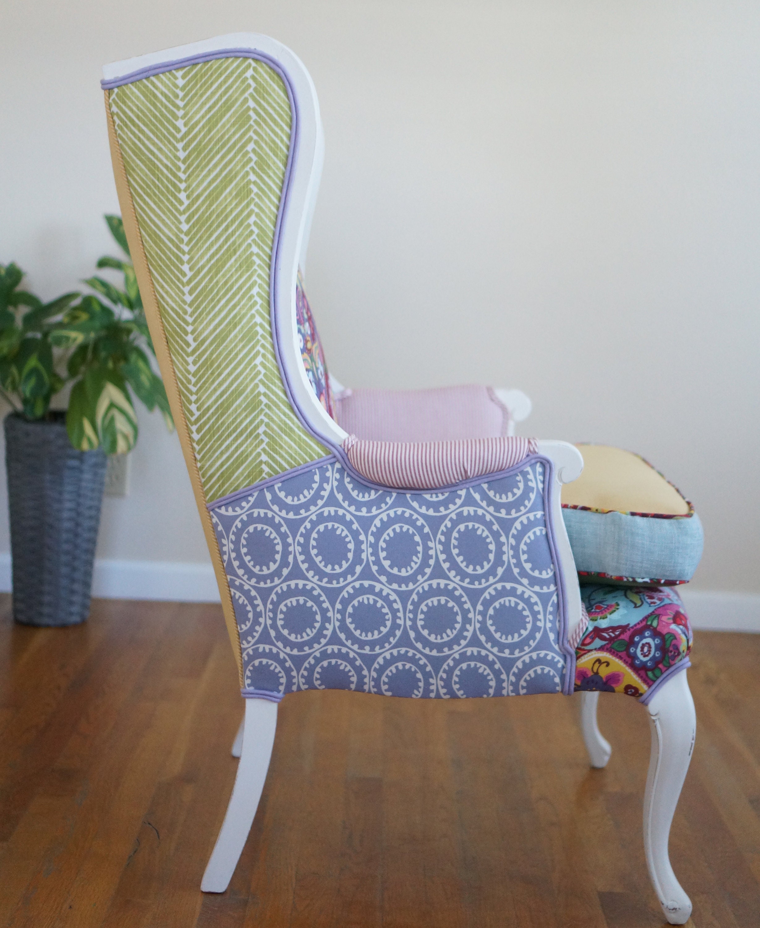 Whimsical Floral Patchwork French Wingback Style Chair Mix Patterns ...