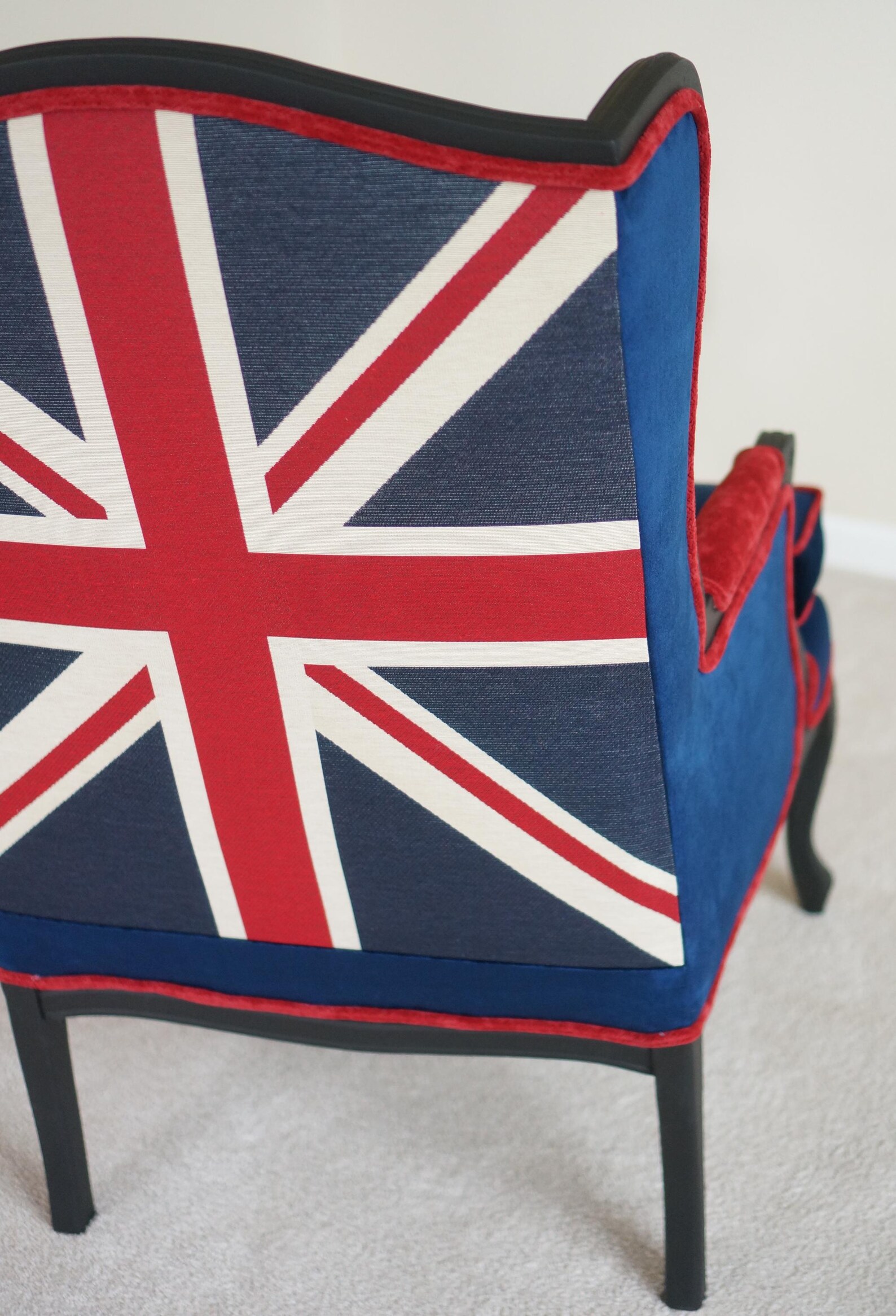 Union Jack/british Flag Wingback Chair With Navy and Red Velvet ...