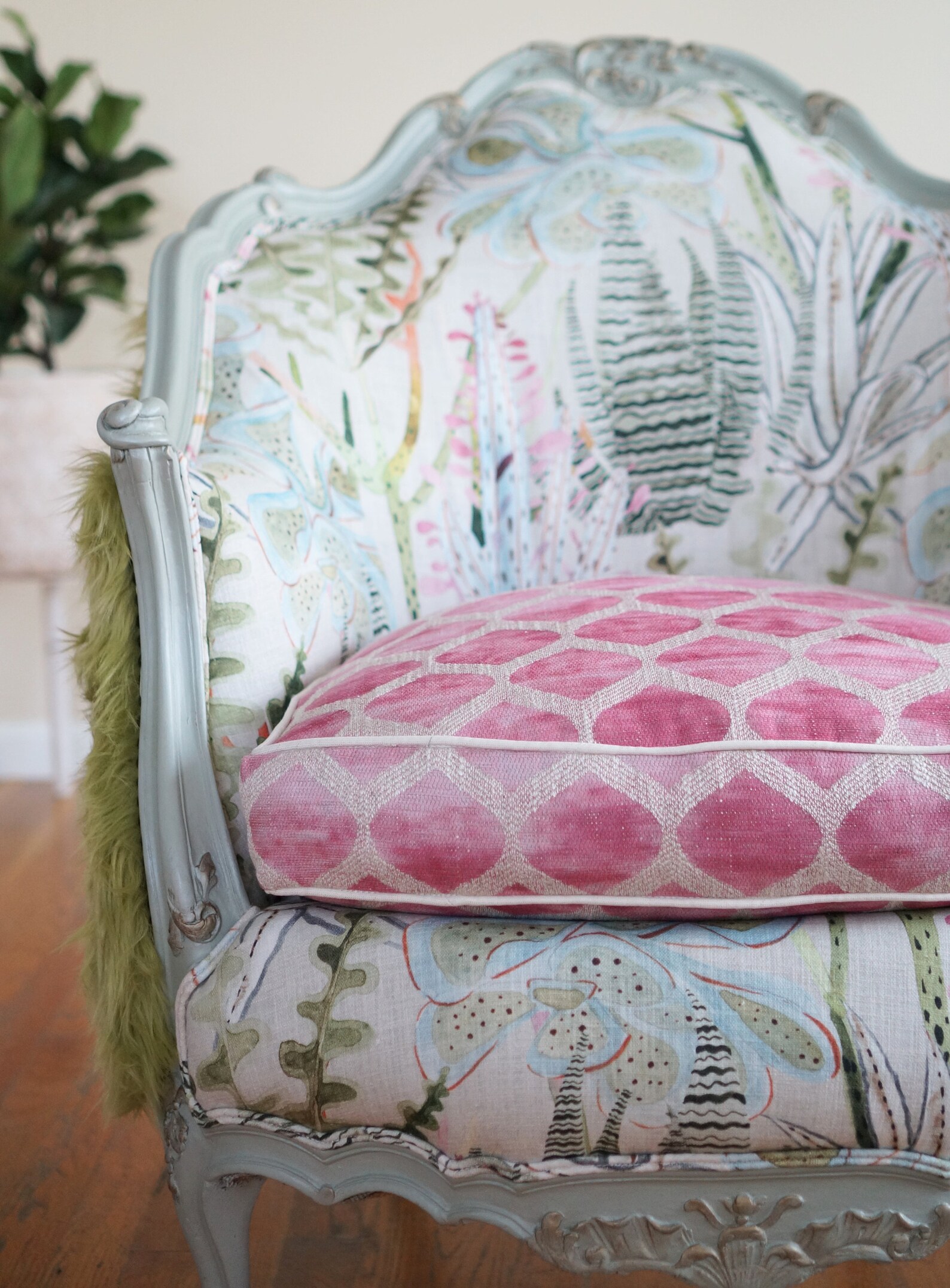 Vintage Green Rococo French Bergere Cactus Jungle Chair With Rose ...