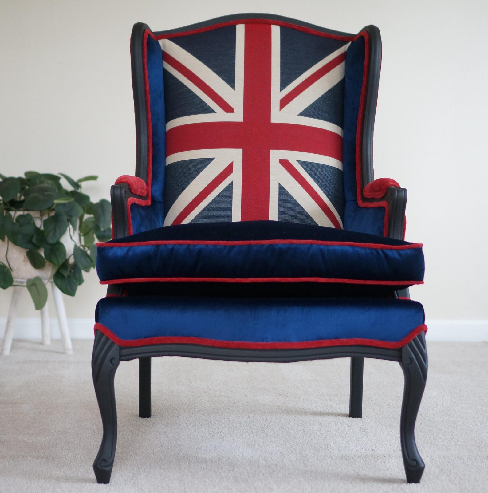 Union Jack/british Flag Wingback Chair With Navy and Red Velvet ...