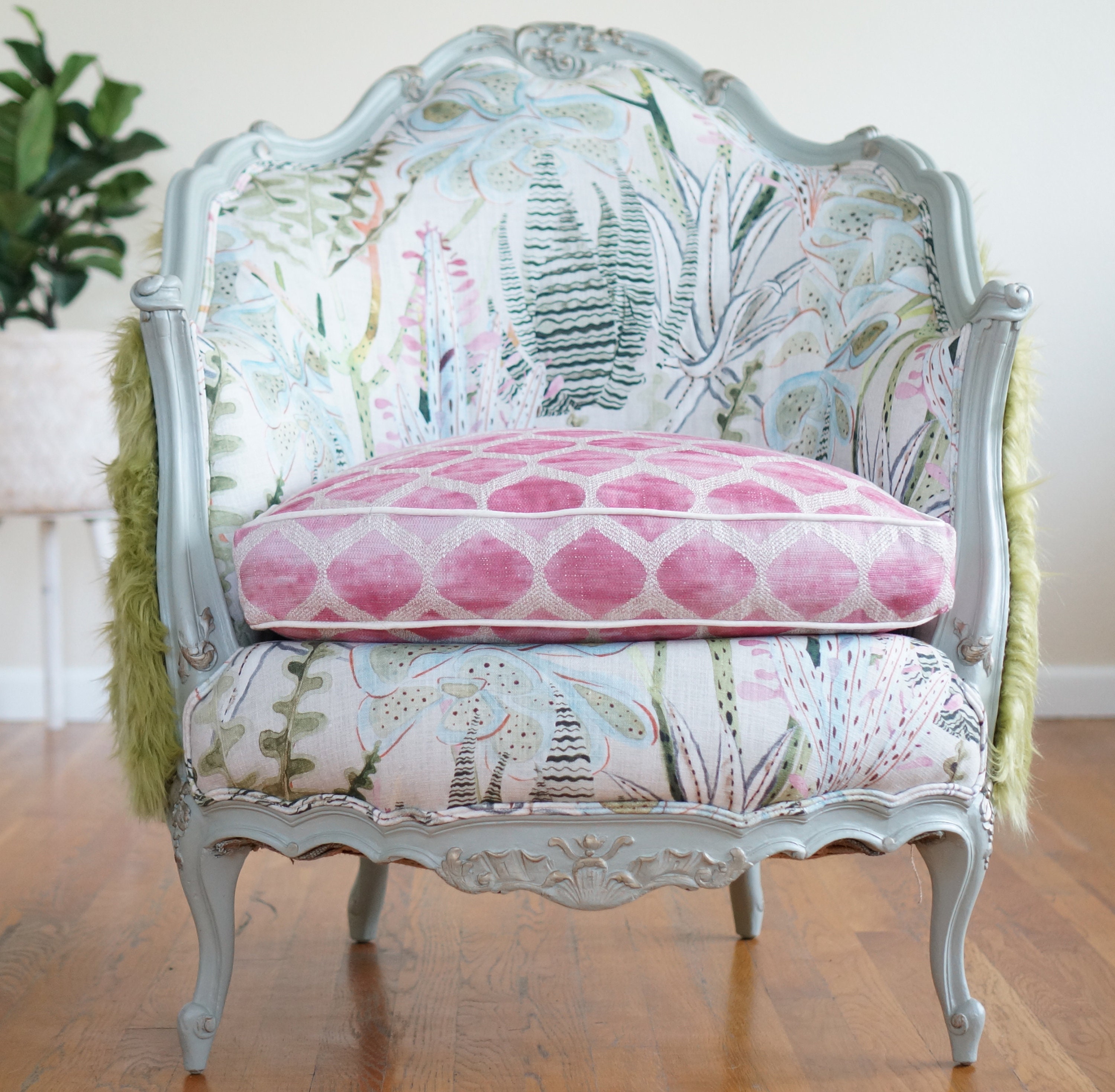 Vintage Green Rococo French Bergere Cactus Jungle Chair With Rose ...
