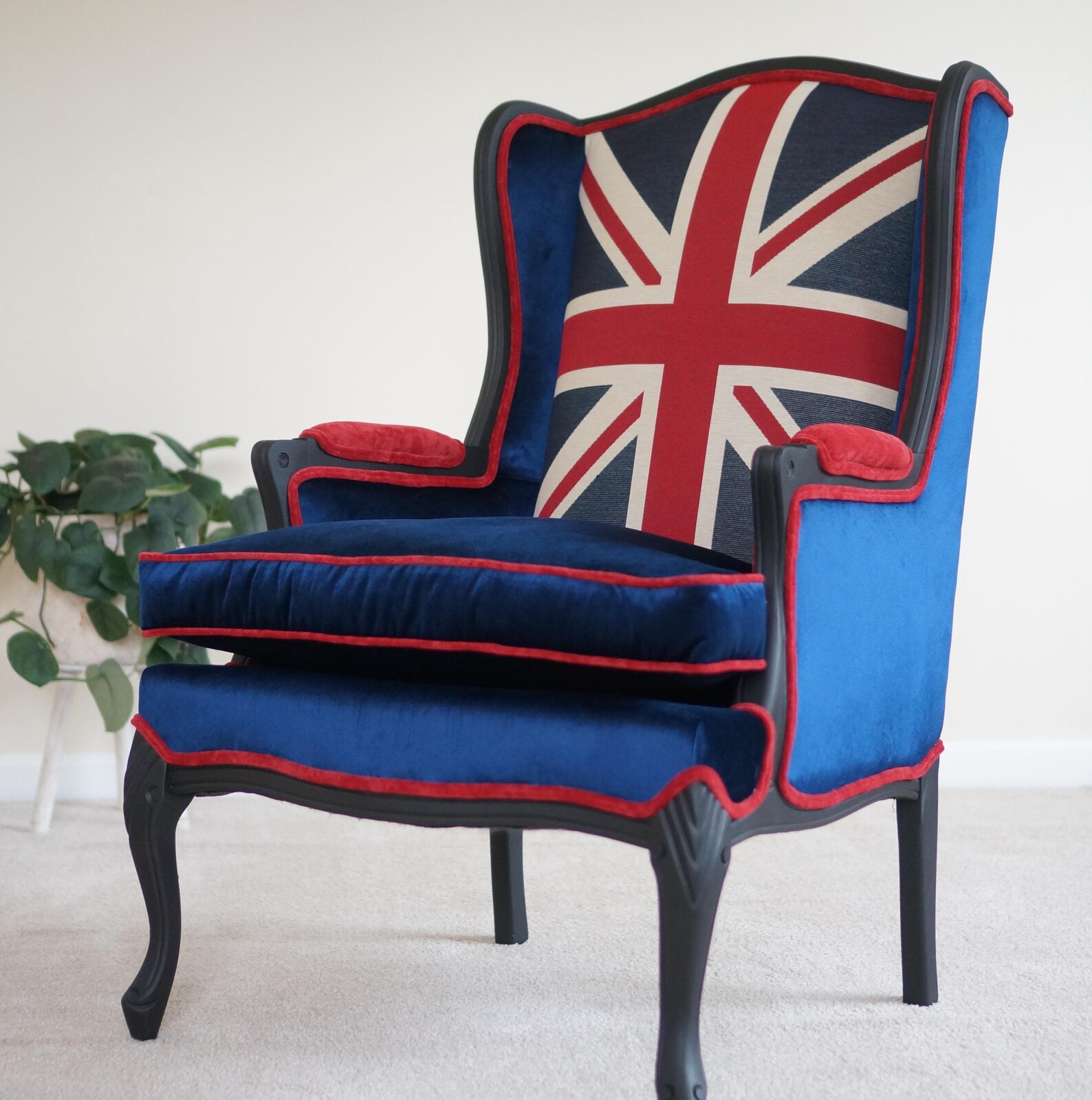 Union Jack/british Flag Wingback Chair With Navy and Red Velvet ...