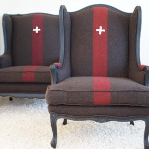 Swiss Army Wool Blanket French Wingback Chairs - Sold/custom Order Only ...