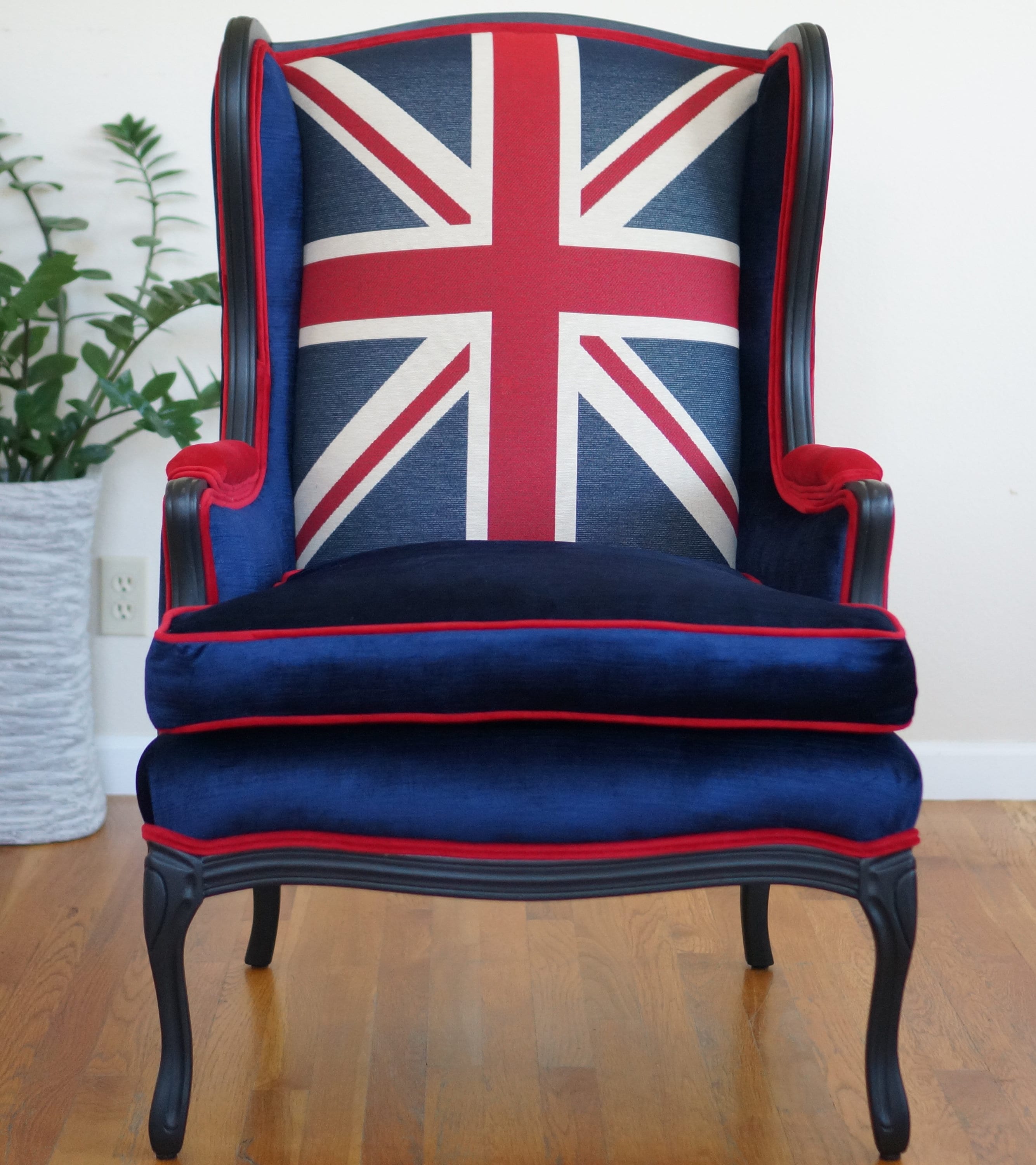 Union Jack/british Flag Wingback Chair With Navy and Red Velvet Custom ...