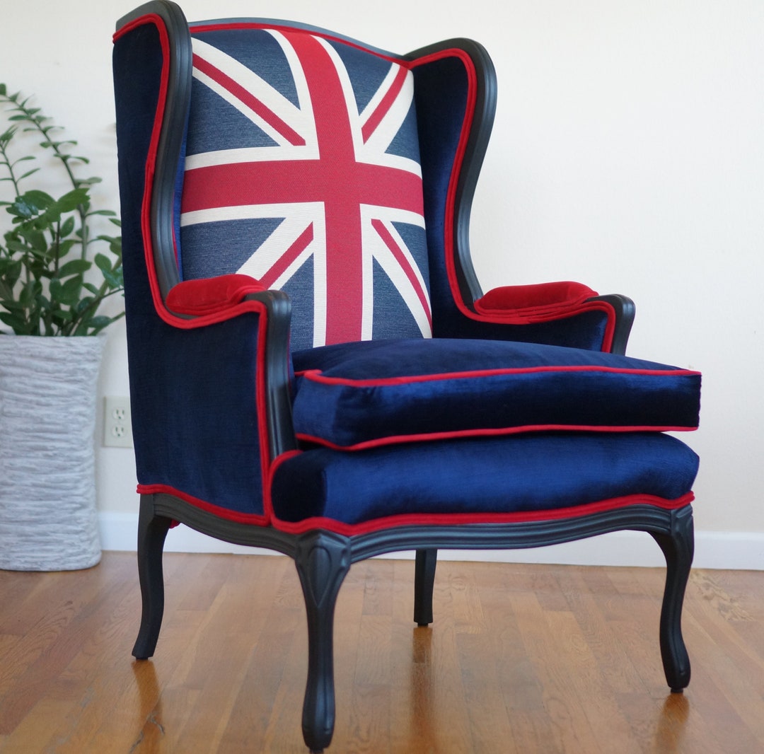 Union Jack/british Flag Wingback Chair With Navy and Red Velvet Custom ...