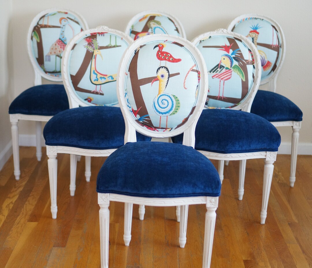French Provincial Dining Chairs: Navy Velvet, Whimsical Bird Fabric - Etsy