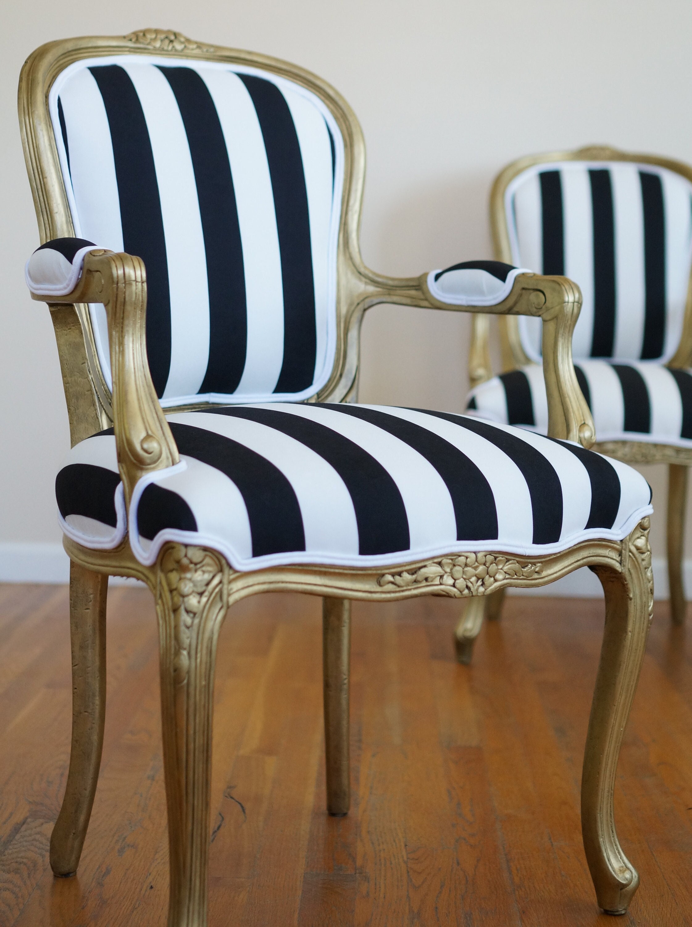 Gold Gilded French Armchairs With Black & White Stripe - Sold/custom ...