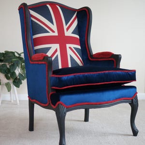 Union Jack/british Flag Wingback Chair With Navy and Red Velvet ...