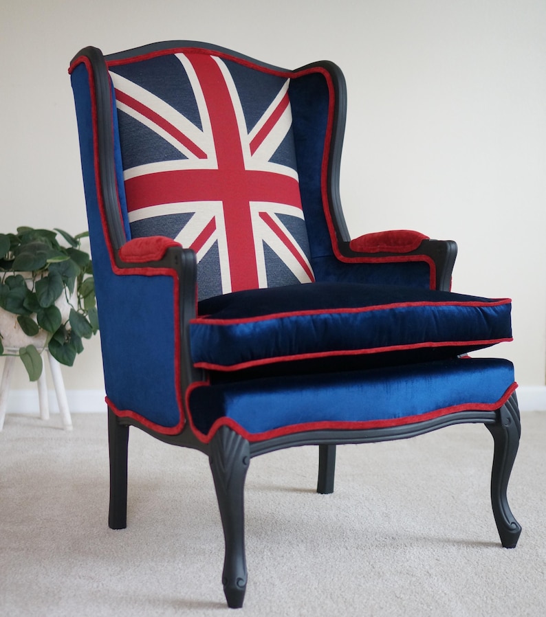 Union Jack/british Flag Wingback Chair With Navy and Red Velvet ...
