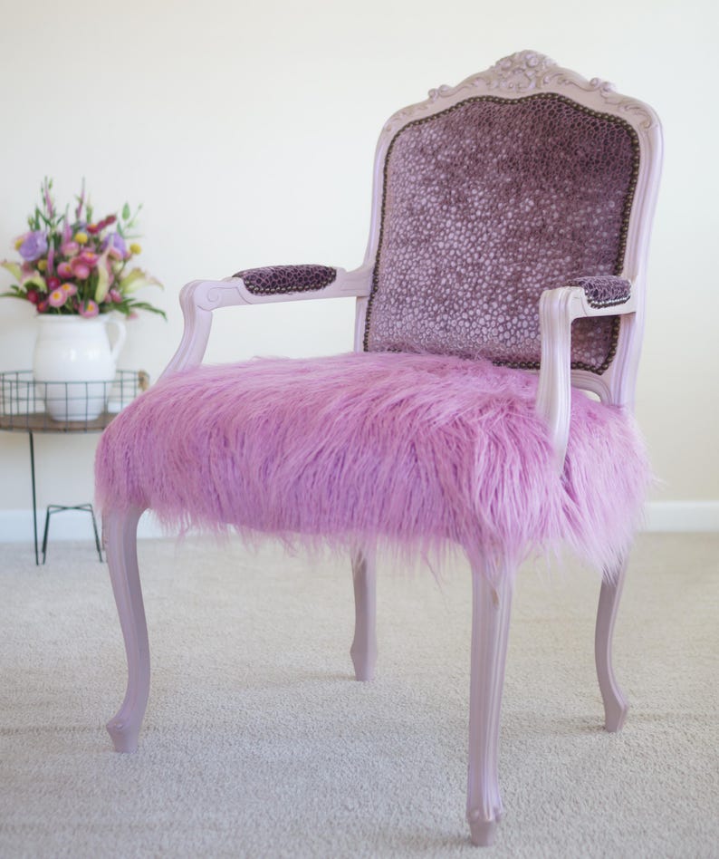 Pink French Armchair: Vintage Glam Floral Velvet & Fur Seat (custom ...