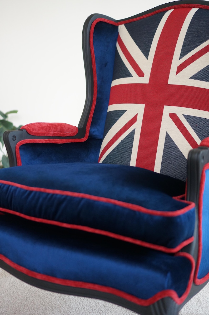 Union Jack/british Flag Wingback Chair With Navy and Red Velvet ...
