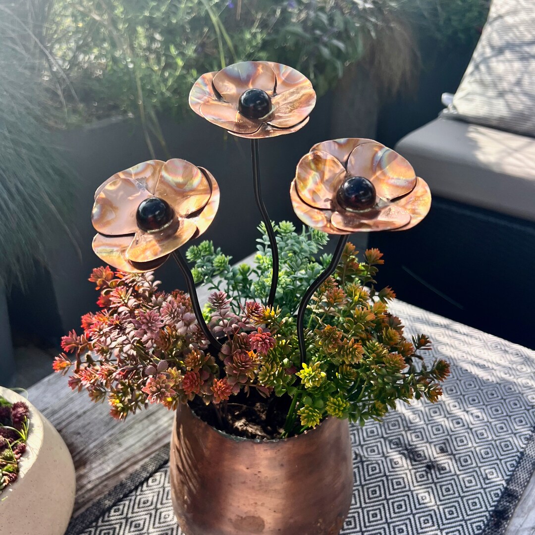 Set of Three Mini Copper Poppy Garden Stakes LTZAF172 - Etsy