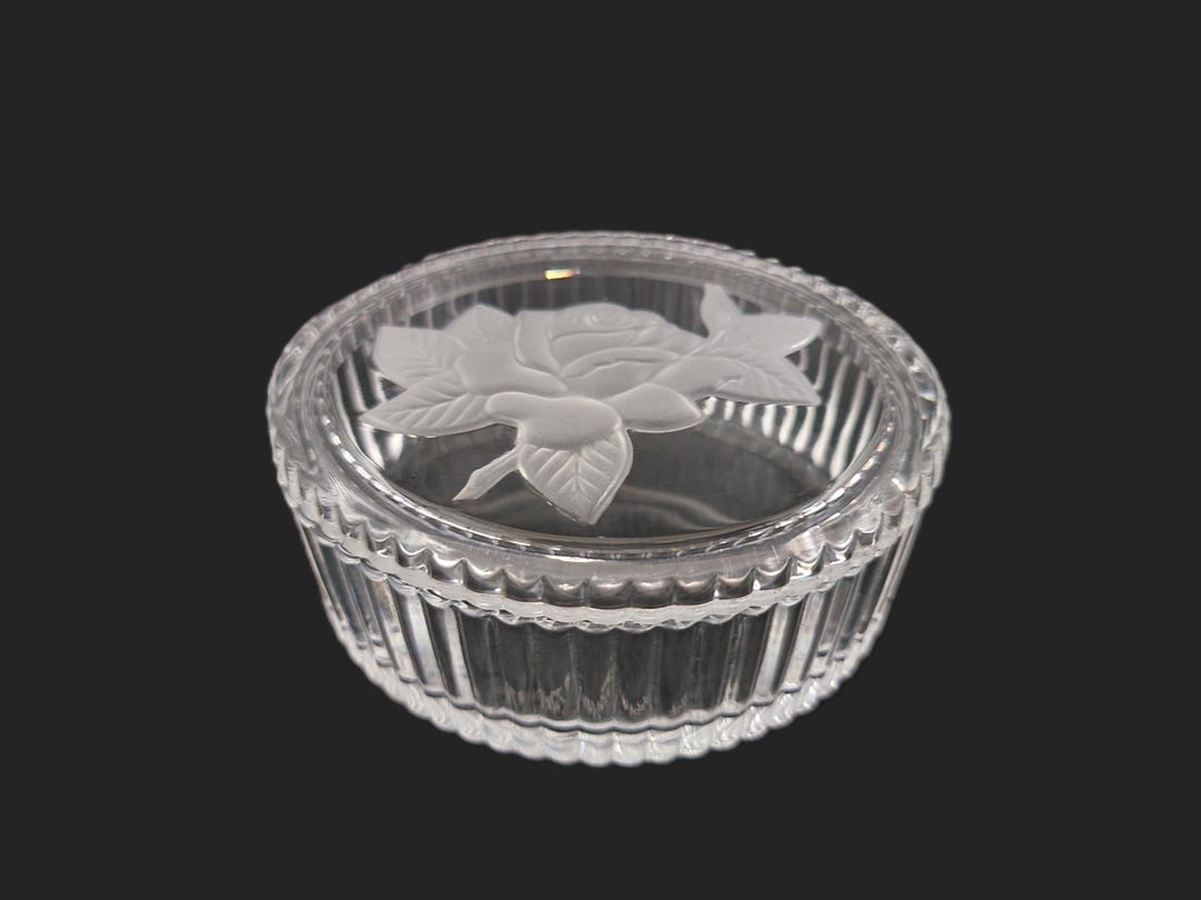 Vintage Teleflora Oval Crystal Trinket Dish With Rose Lid: Etched ...