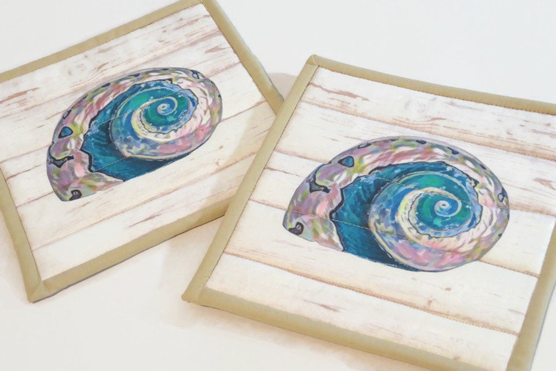 Sea Shell Pot Holders, Beach Kitchen Decor, Quilted Pot Holders Set of ...