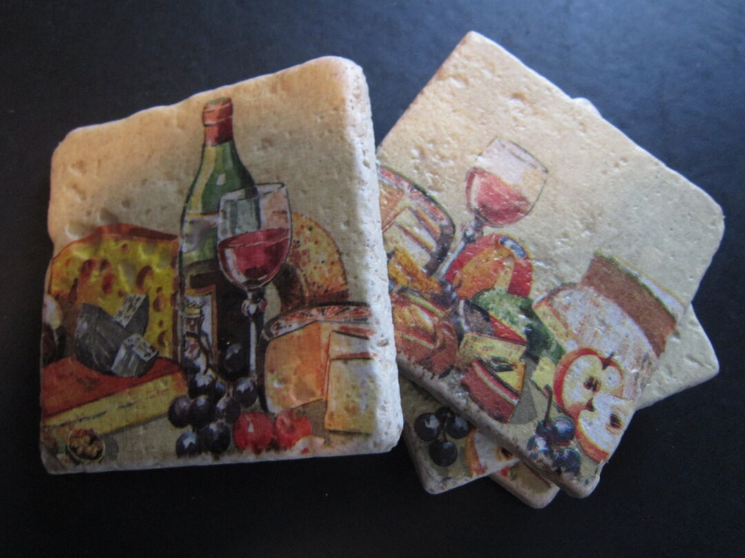 Set of 4 Tumbled Stone Coasters W/ Painting Style Images of a Table of ...