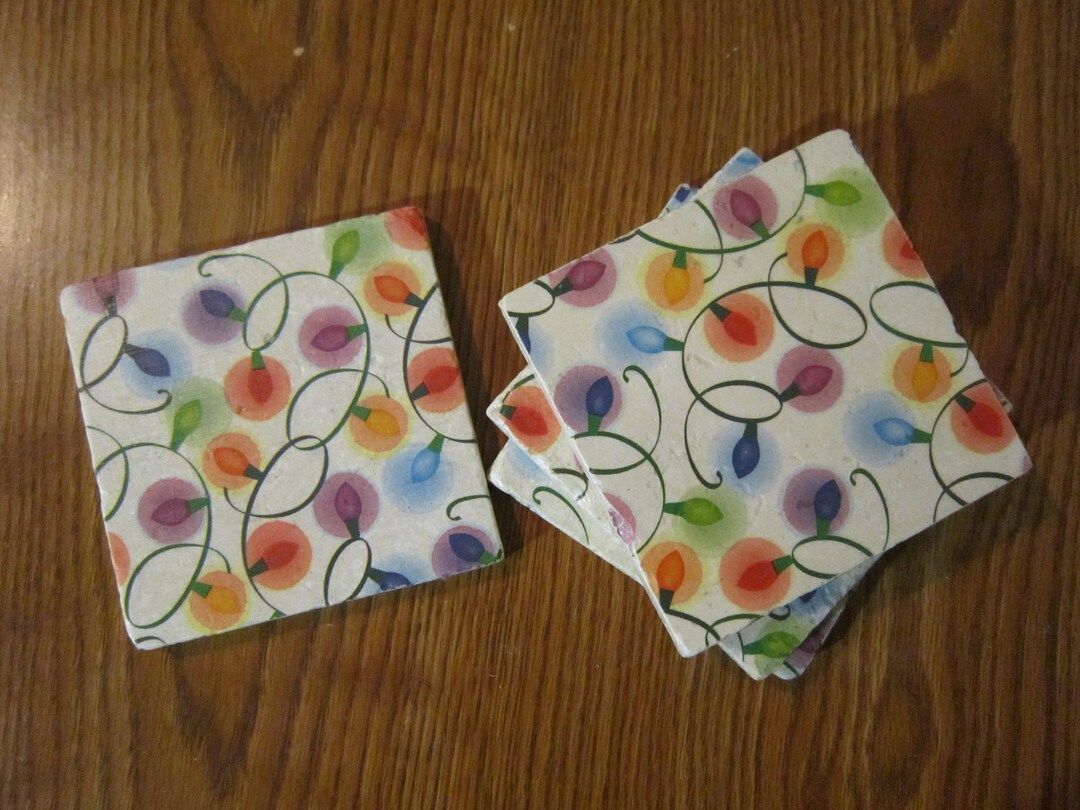 Set of 4 Tumbled Stone Coasters Covered With Colorful Christmas Lights ...