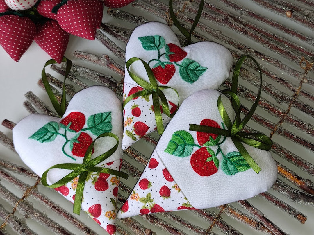 Fabric Hearts With Strawberry Embroidery, Hand Embroidered Hearts - Etsy