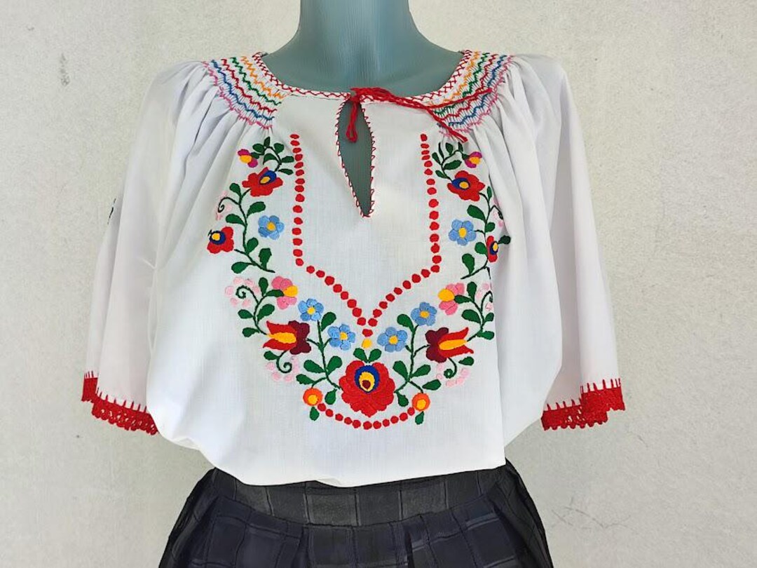 Hungarian, Matyo Folk Style Blouse, White, XL - Etsy