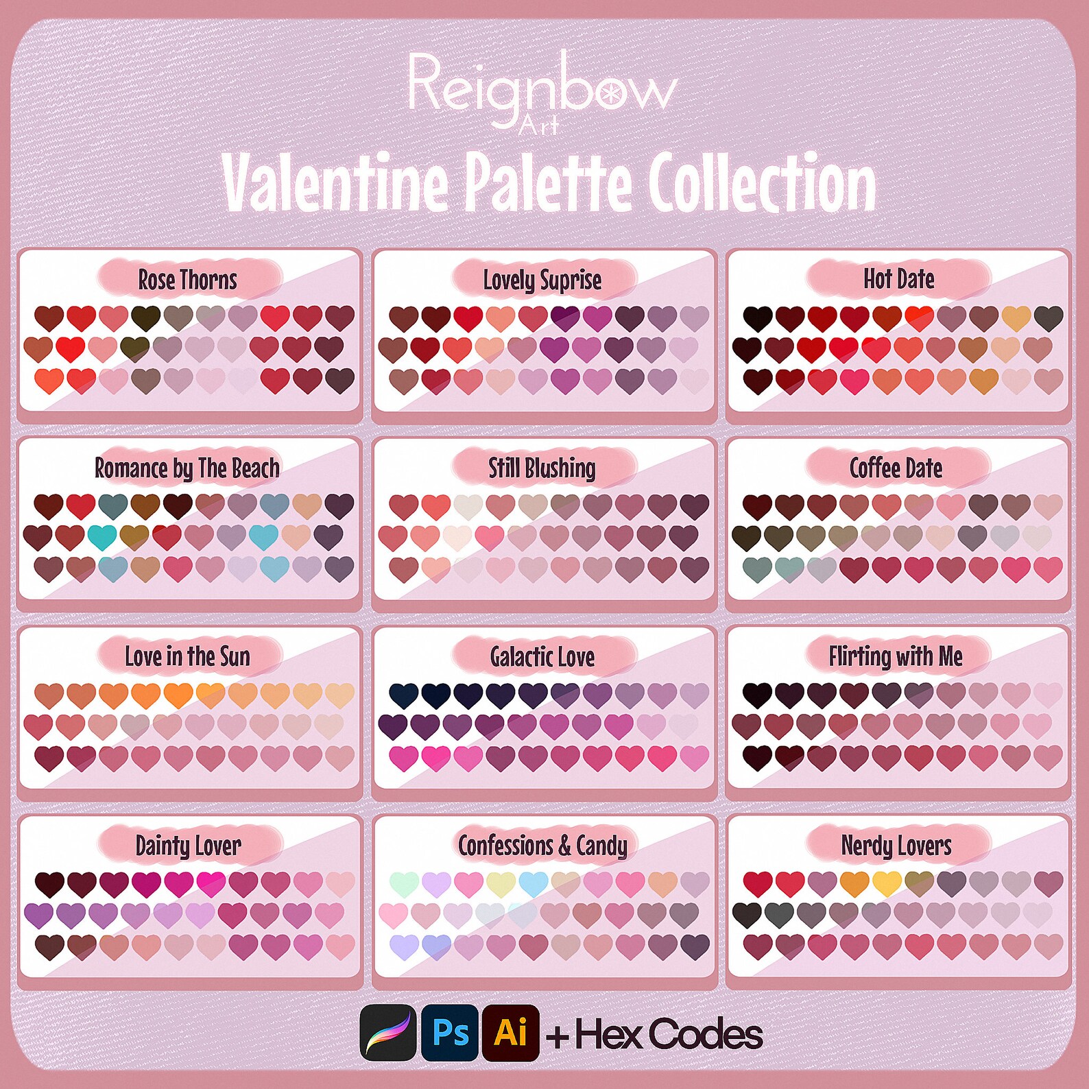Valentine Color Palette Bundle Procreate, Adobe Photoshop, Illustrator ...