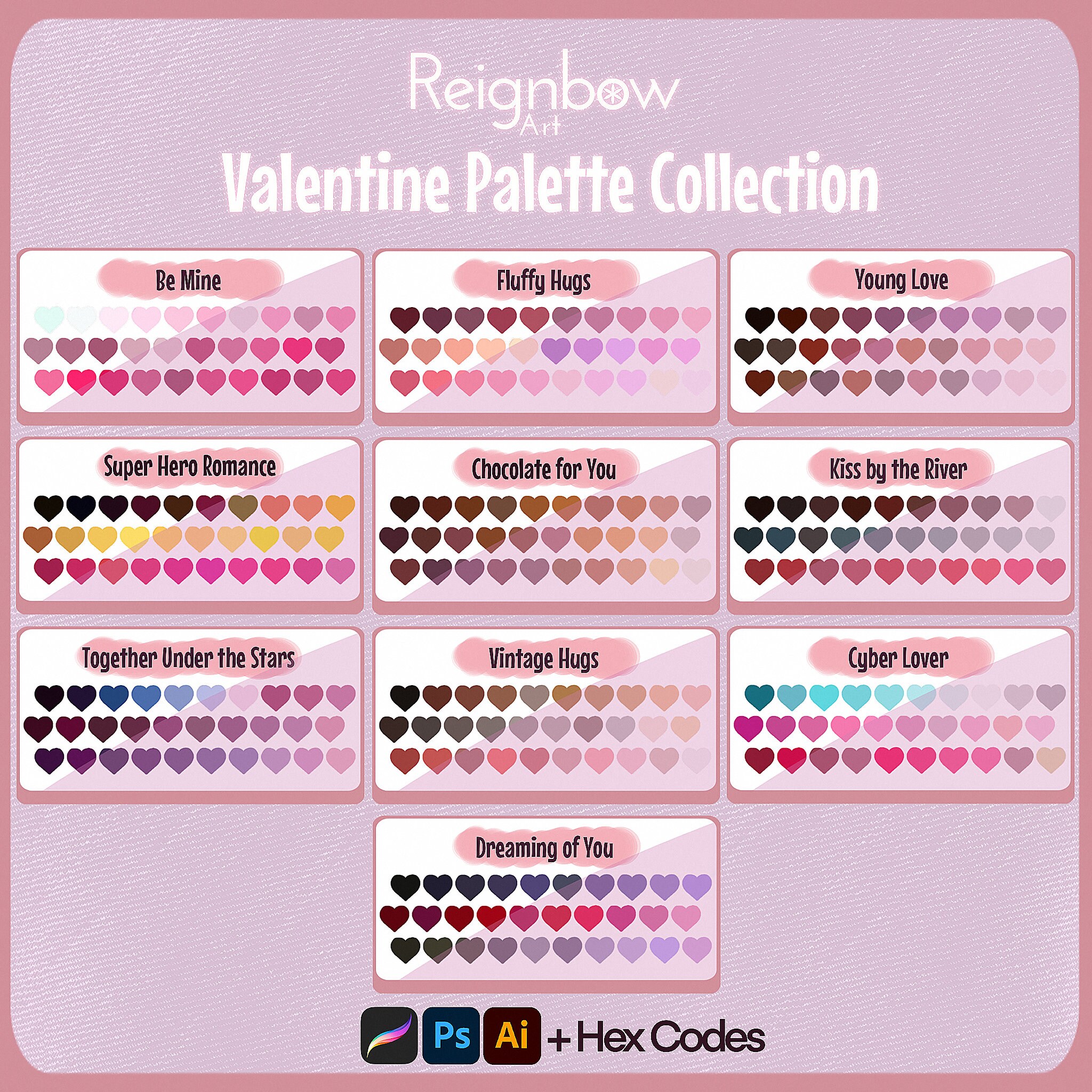 Valentine Color Palette Bundle Procreate, Adobe Photoshop, Illustrator ...