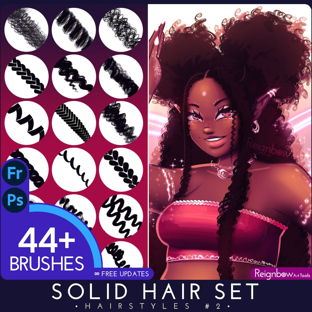 Photoshop Hair Brushes, Adobe Fresco Solid Hair Style Bundle Braids ...