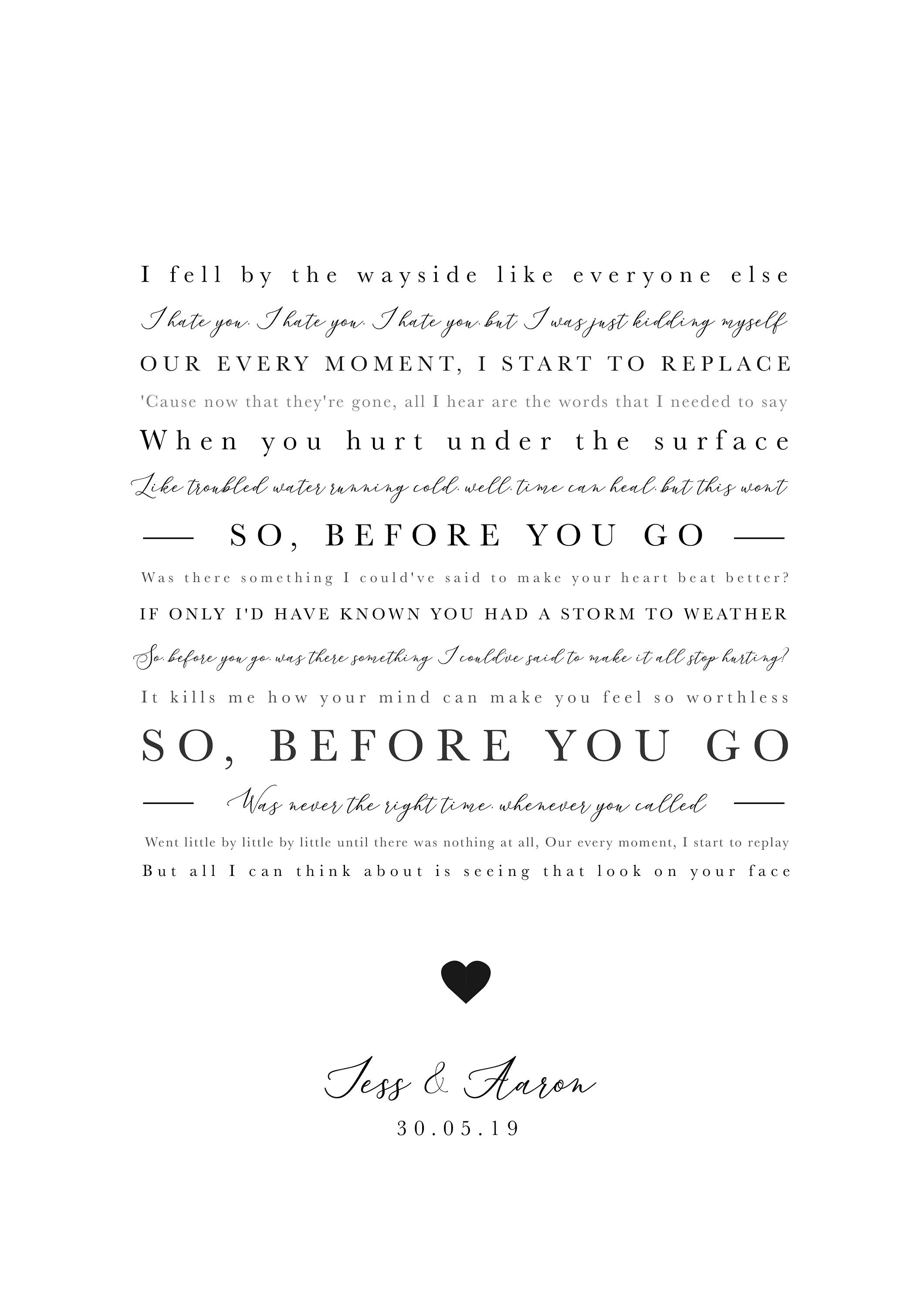 Lewis Capaldi 'Before You Go' Song Lyric Print | Etsy