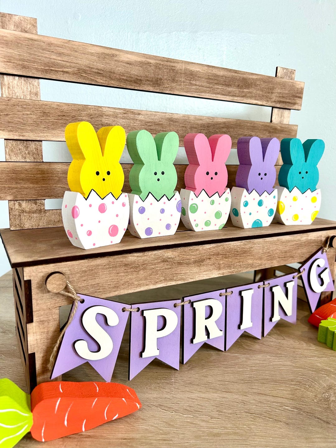 Easter Bunny Decor, Peeps Shelf Sitters, Wooden Bunny Eggs, Cute Spring ...