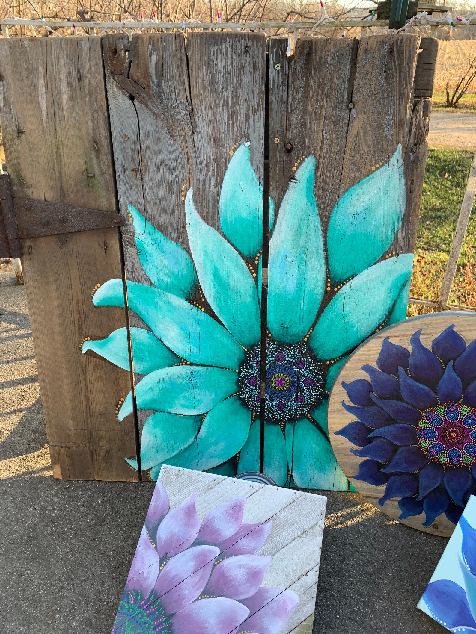Teal Sunflower, Sunflower Barn Door, Flower Painting, Rustic Sunflower ...
