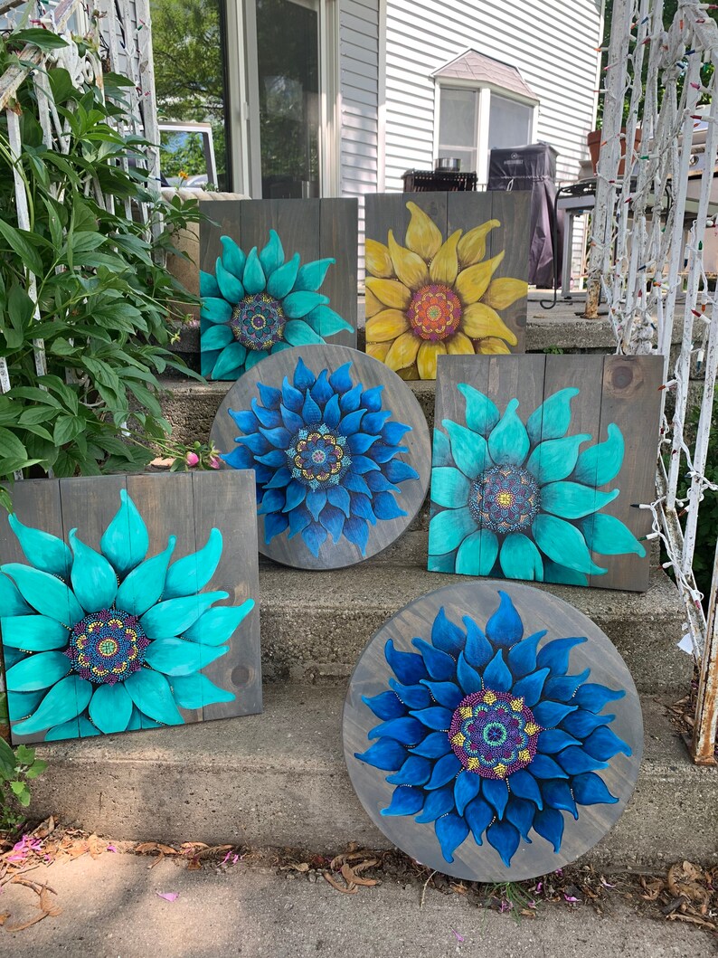 Teal Sunflower, Sunflower Barn Door, Flower Painting, Rustic Sunflower ...