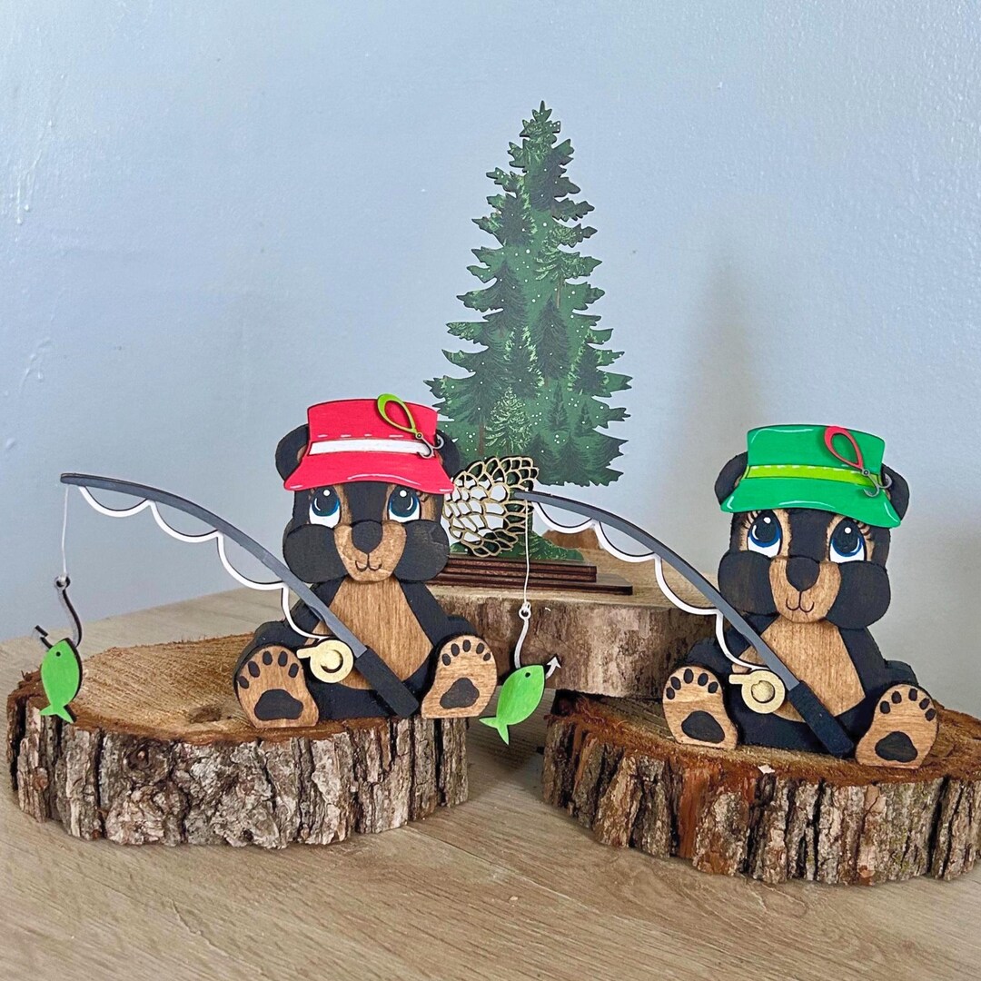 Fishing Bear Tiered Tray Decor, Woodland Bear, Fishing Decor, Cabin ...